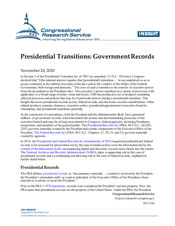 Presidential Transitions: Government Records - EveryCRSReport.com