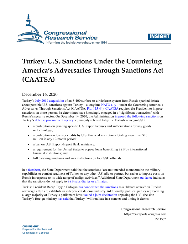 Turkey: U.S. Sanctions Under the Countering America’s Adversaries ...