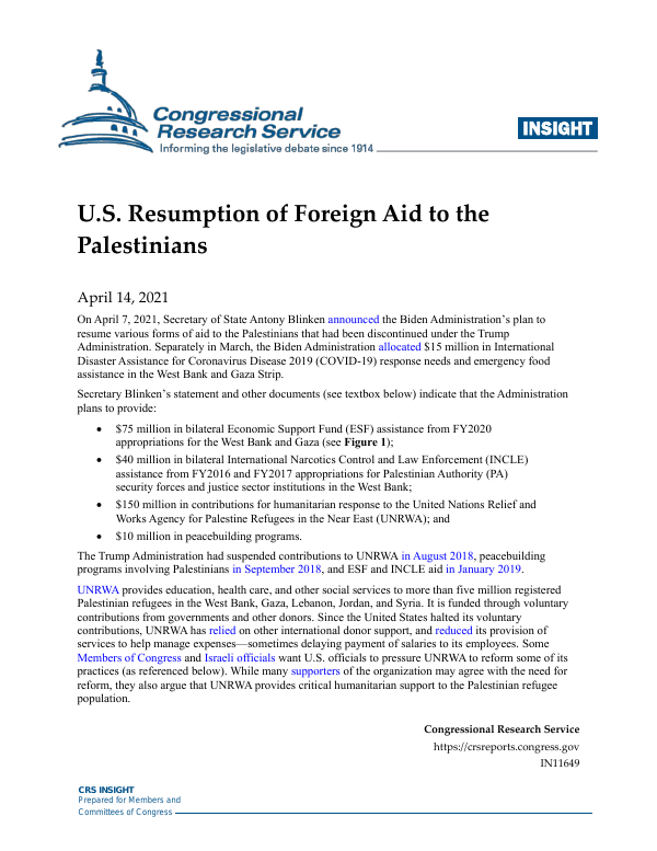 U.S. Resumption of Foreign Aid to the Palestinians - EveryCRSReport.com