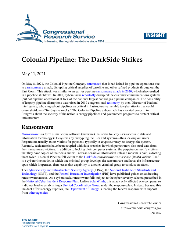 Colonial Pipeline: The DarkSide Strikes - EveryCRSReport.com