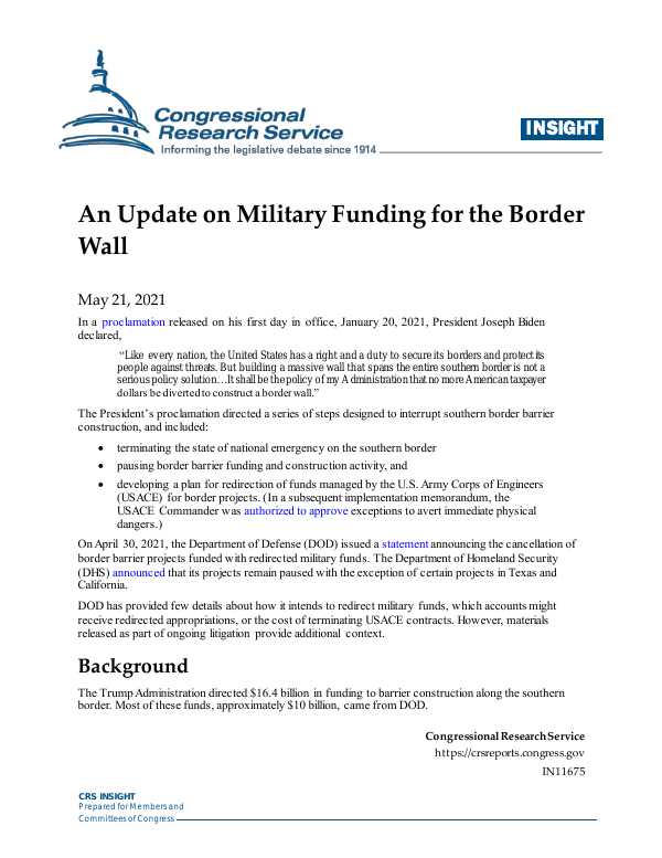 An Update on Military Funding for the Border Wall - EveryCRSReport.com