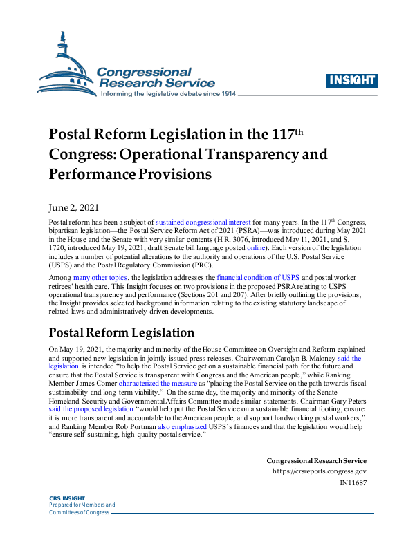 Postal Reform Legislation in the 117th Congress: Operational ...