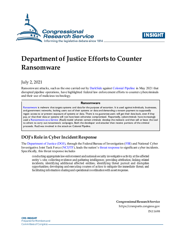 Department of Justice Efforts to Counter Ransomware - EveryCRSReport.com