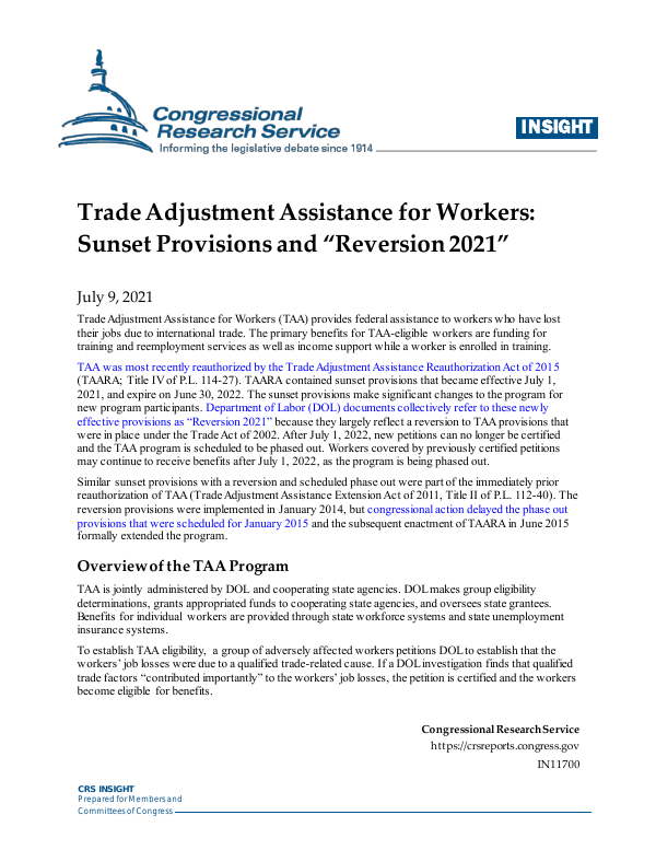 Trade Adjustment Assistance for Workers: Sunset Provisions and ...