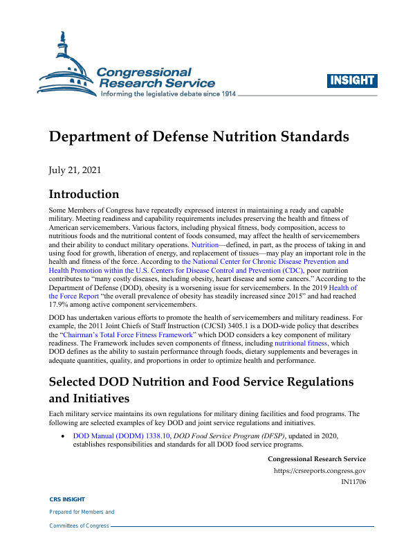 Department of Defense Nutrition Standards - EveryCRSReport.com