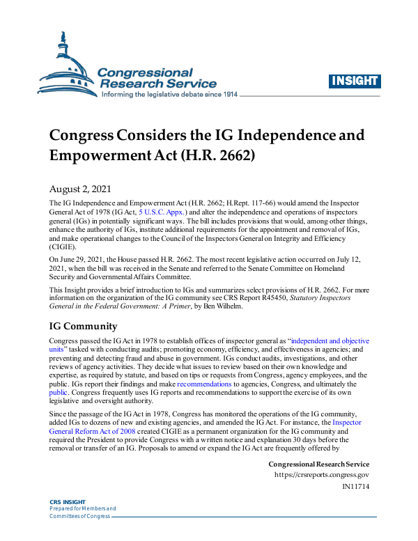 Congress Considers the IG Independence and Empowerment Act (H.R. 2662 ...
