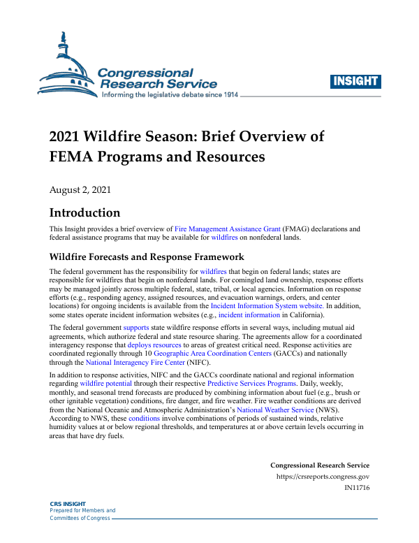 2021 Wildfire Season: Brief Overview of FEMA Programs and Resources ...