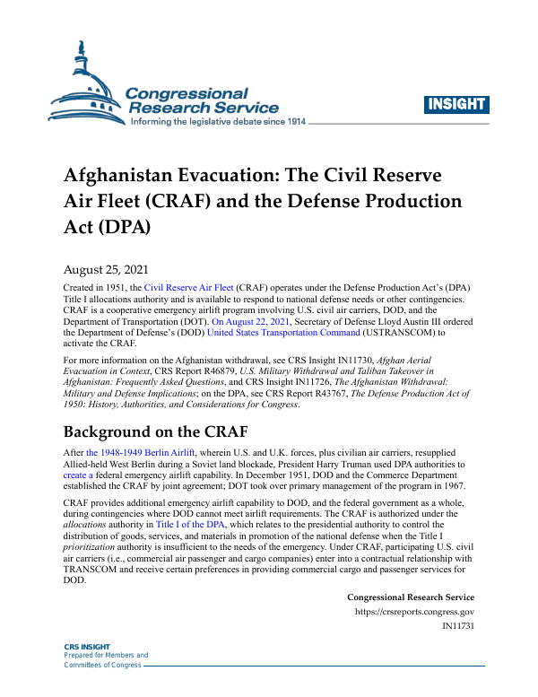 Afghanistan Evacuation: The Civil Reserve Air Fleet (CRAF) and the ...