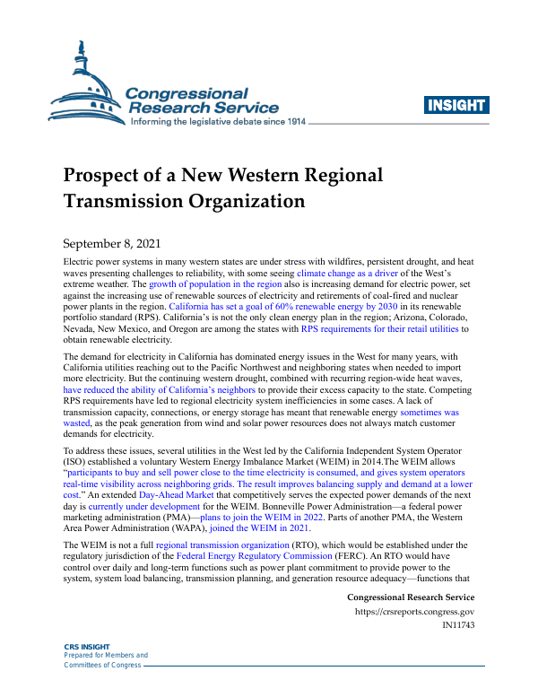 Prospect of a New Western Regional Transmission Organization ...