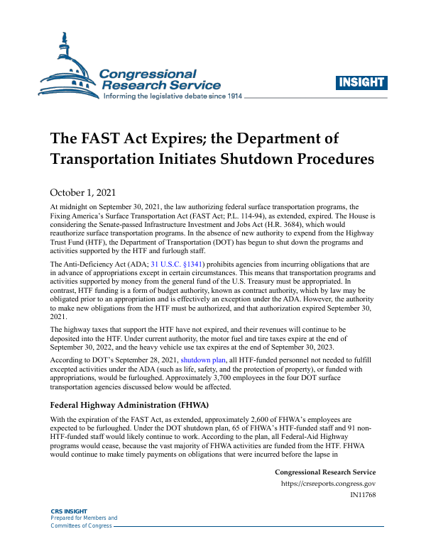 The FAST Act Expires; the Department of Transportation Initiates ...