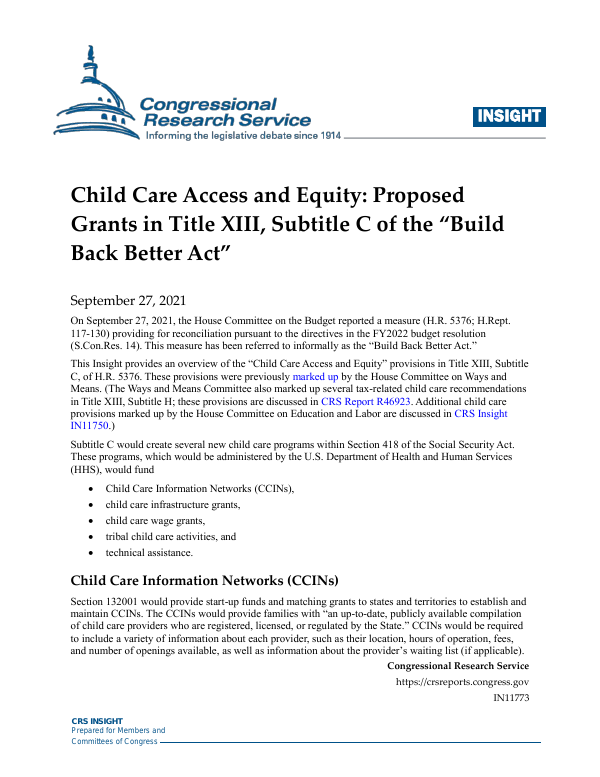 Child Care Access and Equity: Proposed Grants in Title XIII, Subtitle C ...