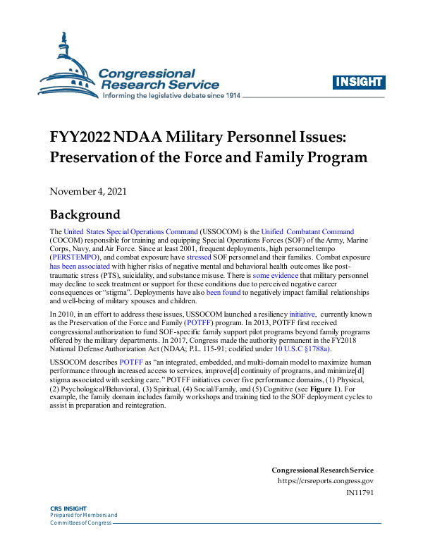 FY2022 NDAA: Preservation of the Force and Family Program ...