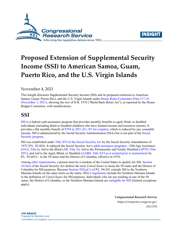 Proposed Extension of Supplemental Security Income (SSI) to American ...