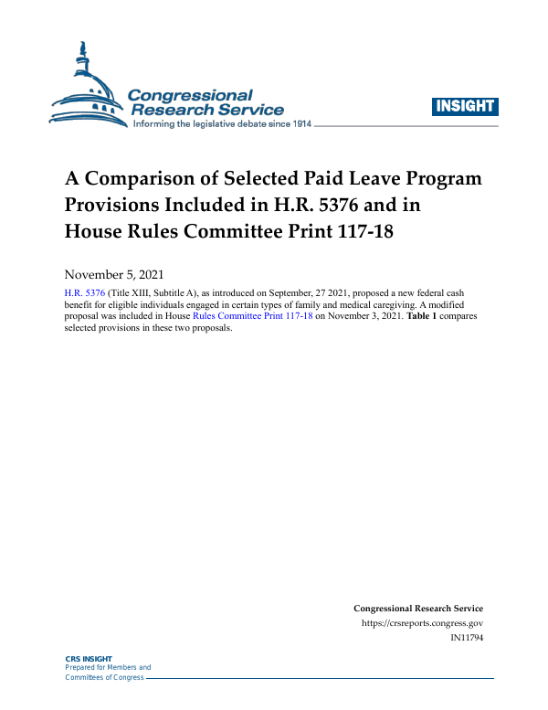 A Comparison of Selected Paid Leave Program Provisions Included in H.R ...