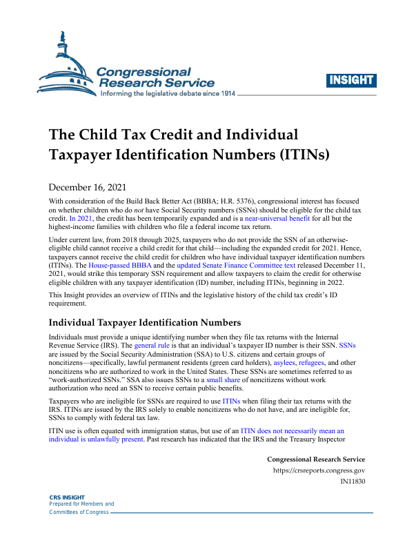 The Child Tax Credit and Individual Taxpayer Identification Numbers ...