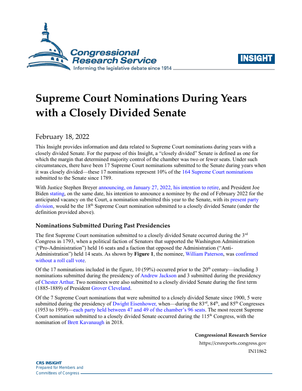 Supreme Court Nominations During Years with a Closely Divided Senate ...