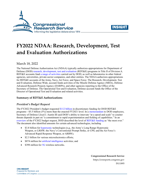 FY2022 NDAA: Research, Development, Test and Evaluation Authorizations ...
