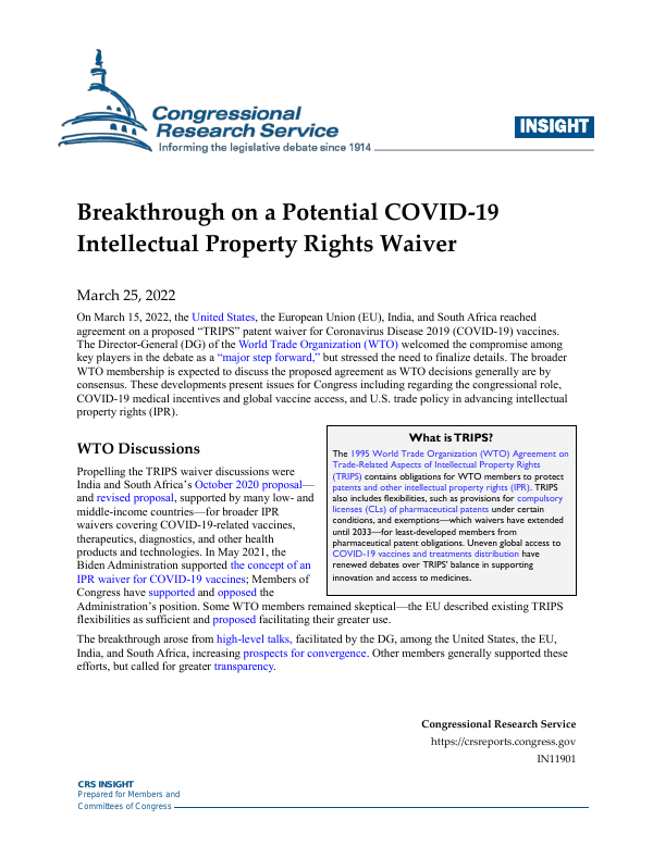 Breakthrough on a Potential COVID-19 Intellectual Property Rights ...