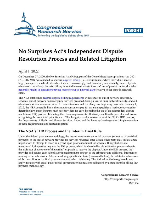 No Surprises Act’s Independent Dispute Resolution Process and Related ...