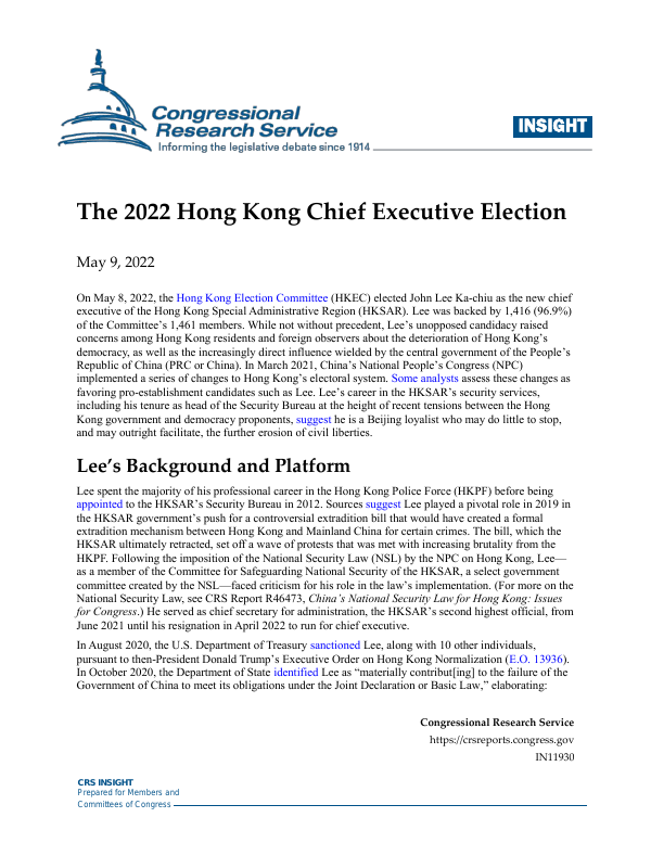 The 2022 Hong Kong Chief Executive Election - EveryCRSReport.com
