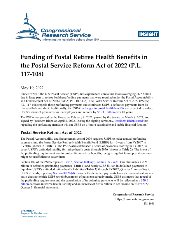 Funding of Postal Retiree Health Benefits in the Postal Service Reform ...