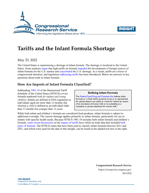 Tariffs And The Infant Formula Shortage EveryCRSReport