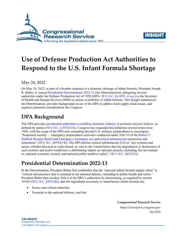 Use of Defense Production Act Authorities to Respond to the U.S. Infant ...