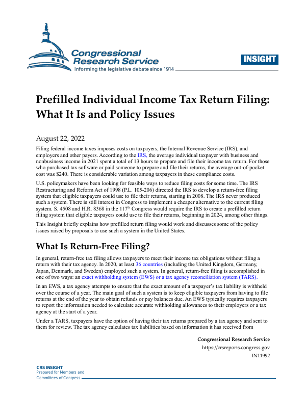 Prefilled Individual Income Tax Return Filing: What It Is and Policy ...