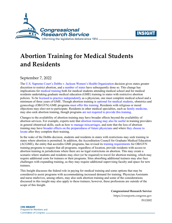 Abortion Training for Medical Students and Residents - EveryCRSReport.com