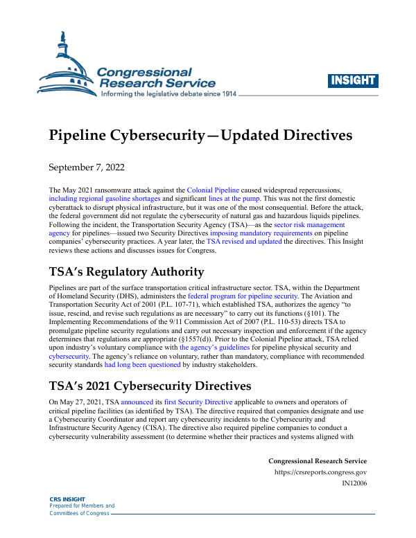 Pipeline Cybersecurity—Updated Directives - EveryCRSReport.com