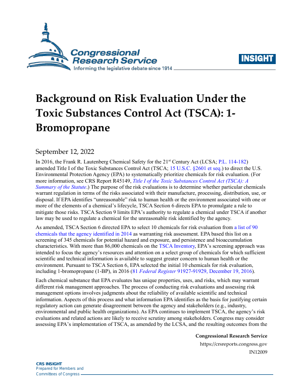 Background on Risk Evaluation Under the Toxic Substances Control Act ...