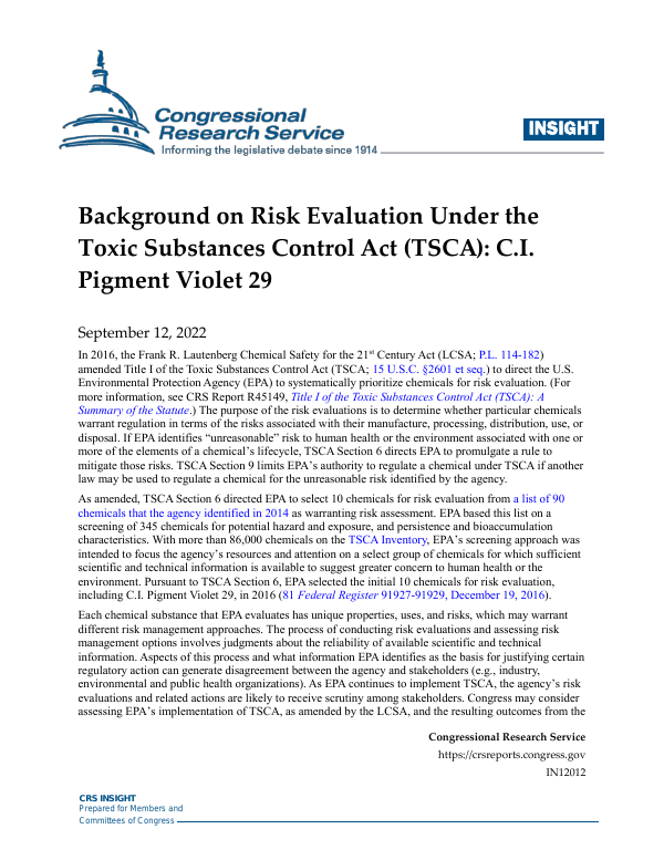 Background on Risk Evaluation Under the Toxic Substances Control Act ...