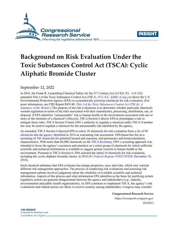 Background on Risk Evaluation Under the Toxic Substances Control Act ...