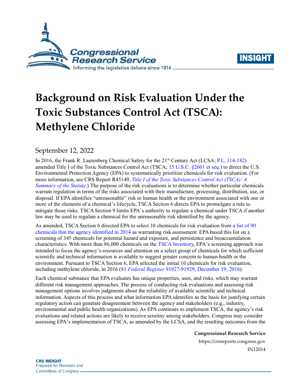 Background on Risk Evaluation Under the Toxic Substances Control Act ...