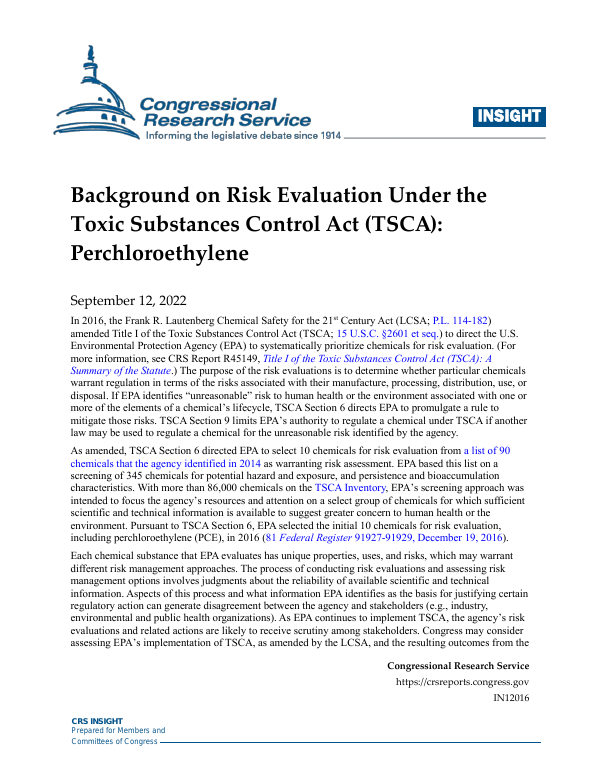 Background on Risk Evaluation Under the Toxic Substances Control Act ...