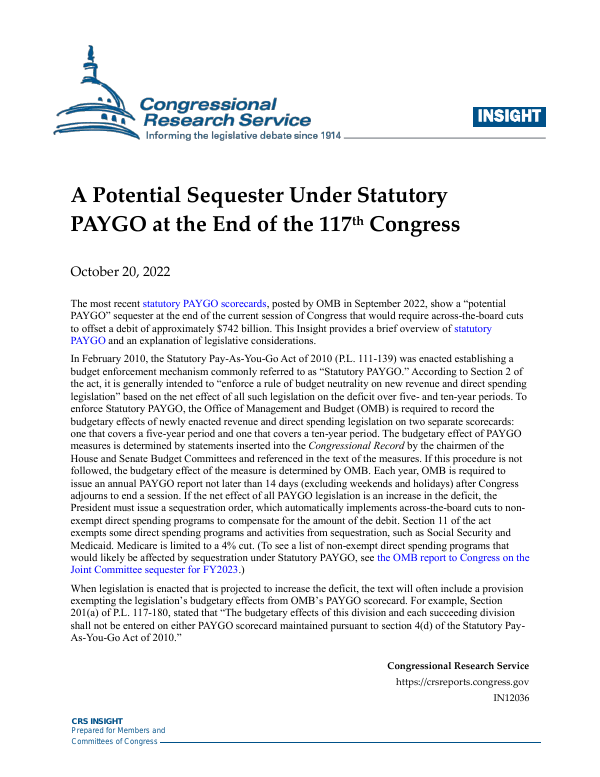 A Potential Sequester Under Statutory PAYGO at the End of the 117th ...