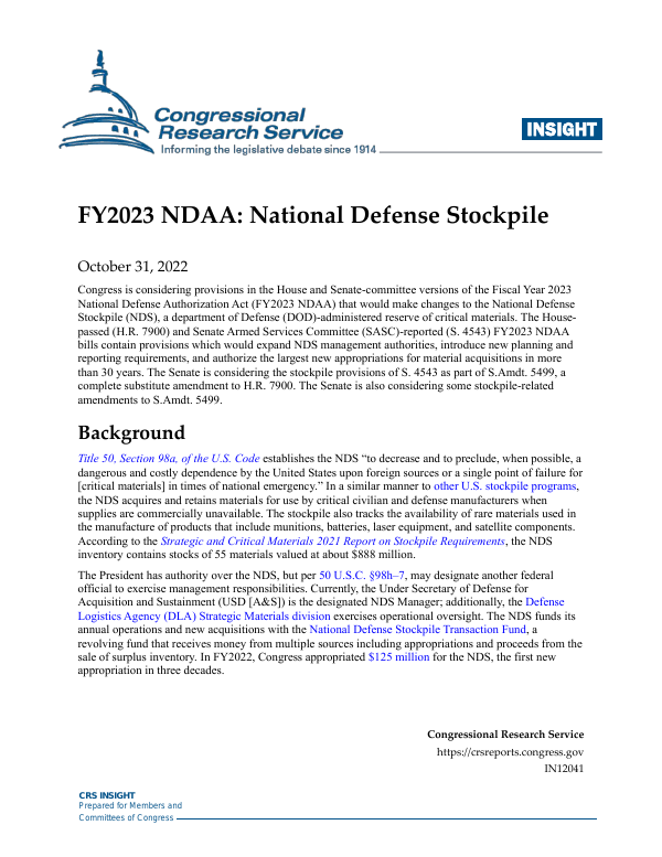 FY2023 NDAA: National Defense Stockpile - EveryCRSReport.com