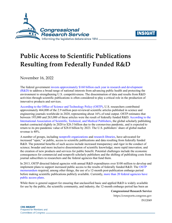 Public Access to Scientific Publications Resulting from Federally ...