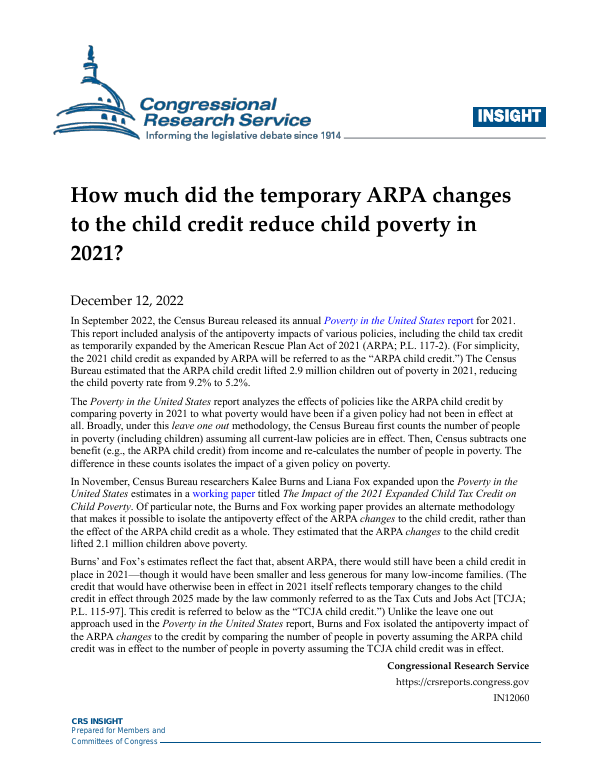 How much did the temporary ARPA changes to the child credit reduce child poverty in 2021 ...