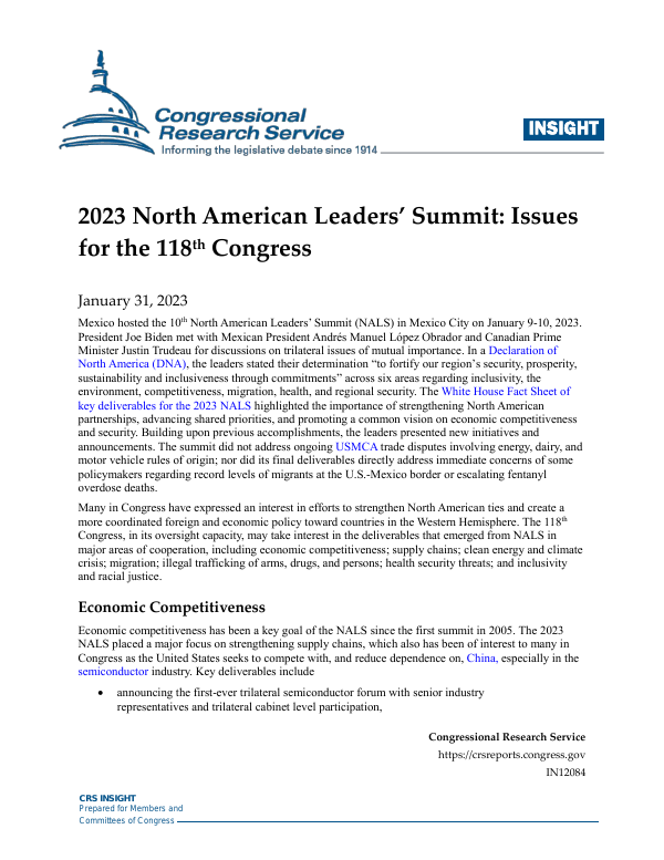 2023 North American Leaders’ Summit: Issues for the 118th Congress ...