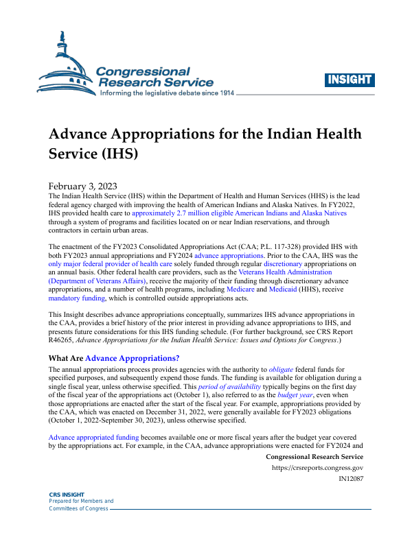 Advance Appropriations for the Indian Health Service (IHS ...