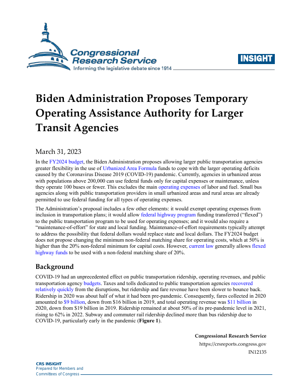 Biden Administration Proposes Temporary Operating Assistance Authority ...