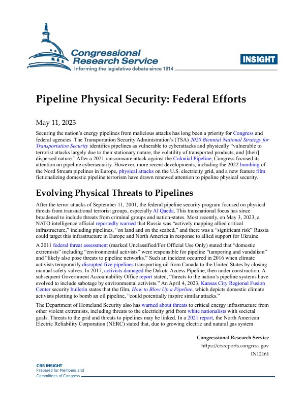 Pipeline Physical Security: Federal Efforts - EveryCRSReport.com