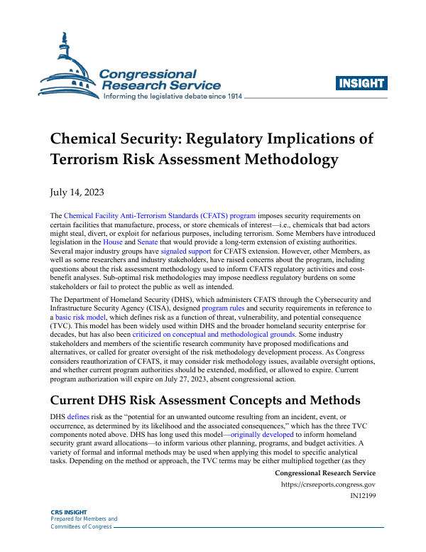 Chemical Security: Regulatory Implications of Terrorism Risk Assessment ...