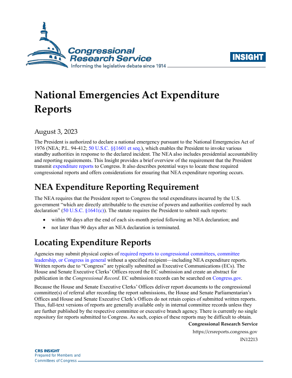 National Emergencies Act Expenditure Reports - EveryCRSReport.com