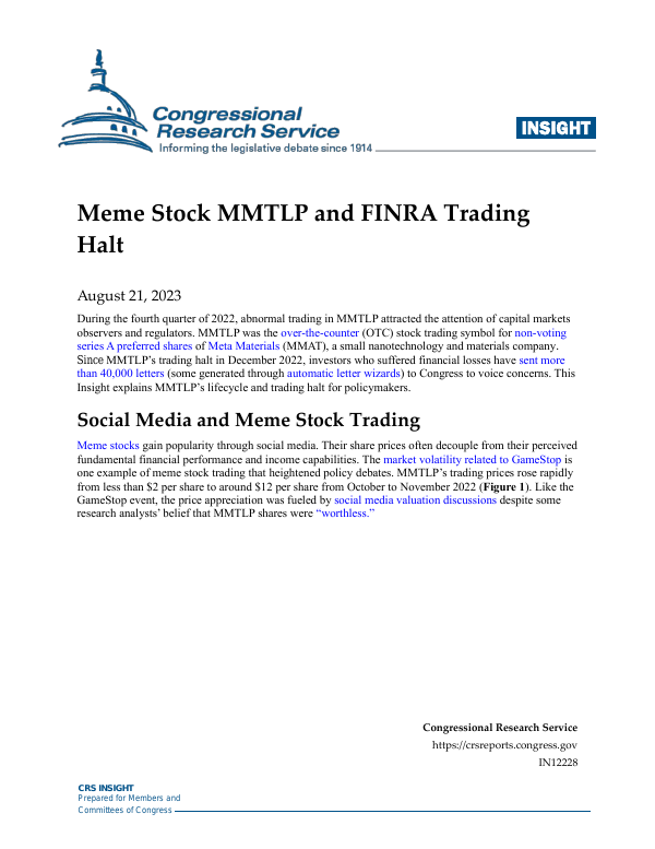 Meme Stock MMTLP and FINRA Trading Halt - EveryCRSReport.com