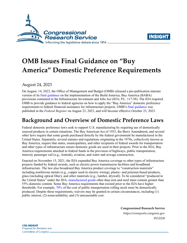 OMB Issues Final Guidance on “Buy America” Domestic Preference ...