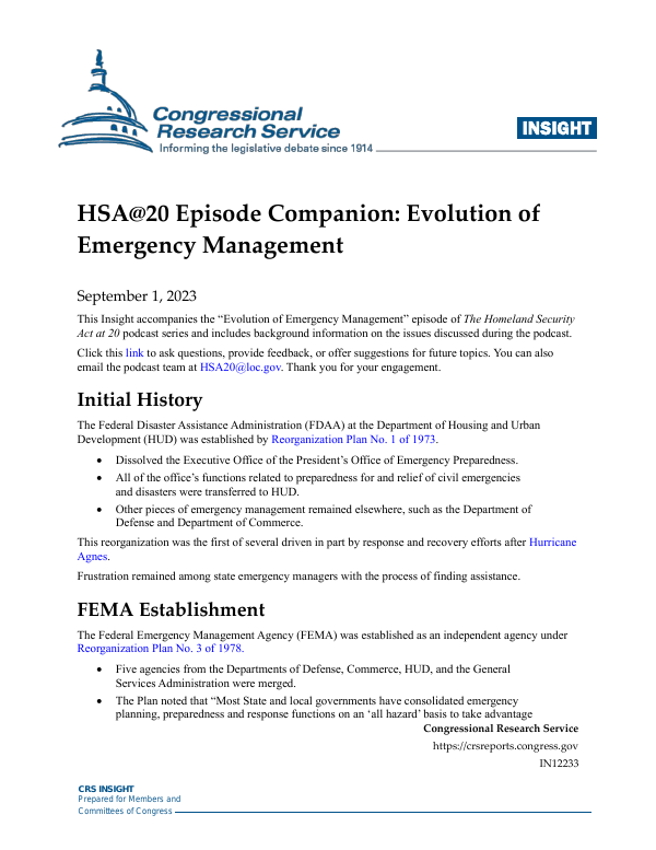 HSA@20 Episode Companion: Evolution of Emergency Management - EveryCRSReport.com