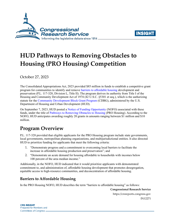 HUD Pathways to Removing Obstacles to Housing (PRO Housing) Competition ...