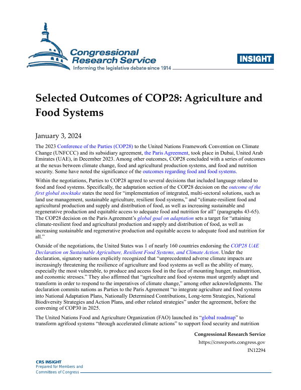 Selected Outcomes of COP28: Agriculture and Food Systems ...